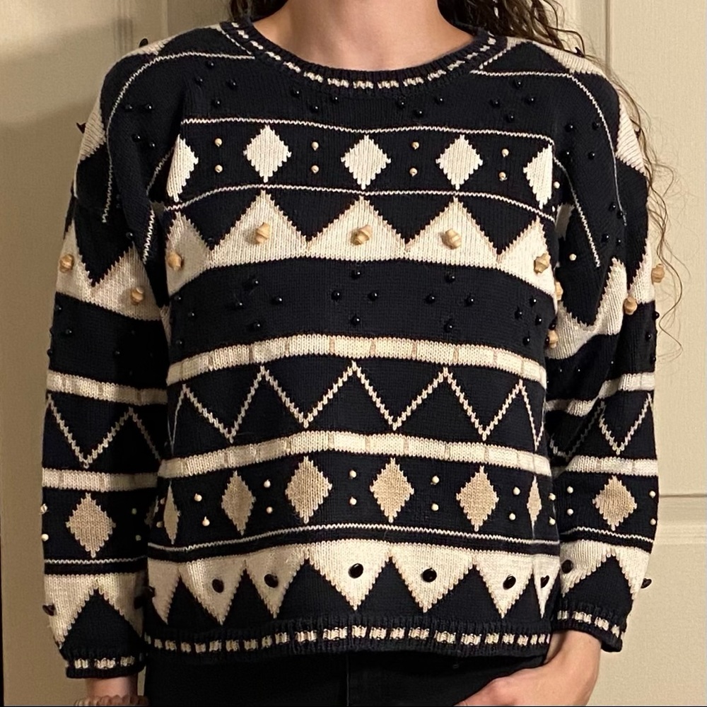 Vintage Chaus Wooden Bead Embellished Sweater - Gem